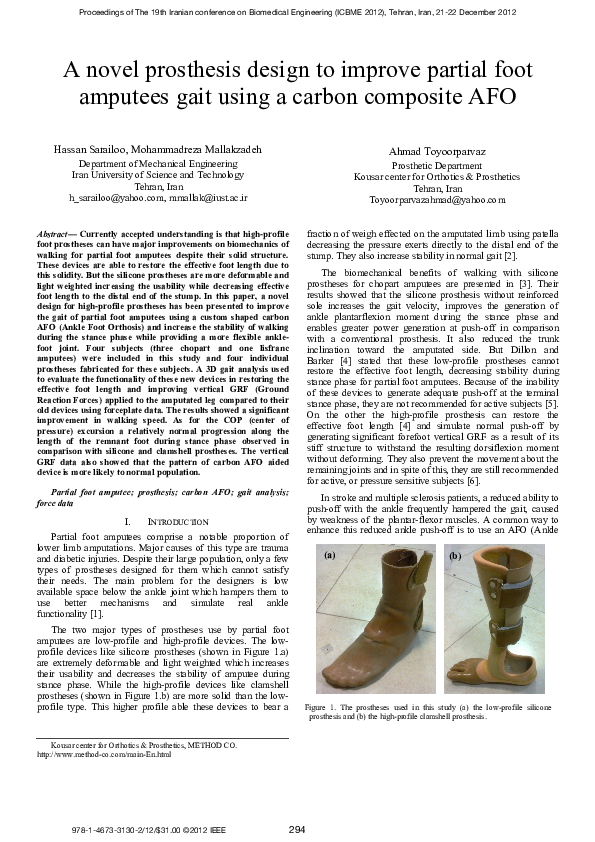 (PDF) A novel prosthesis design to improve partial foot amputees gait ...