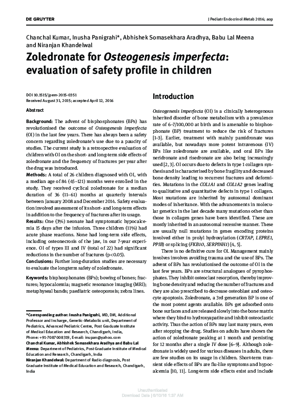 (PDF) Zoledronate for Osteogenesis imperfecta: evaluation of safety ...