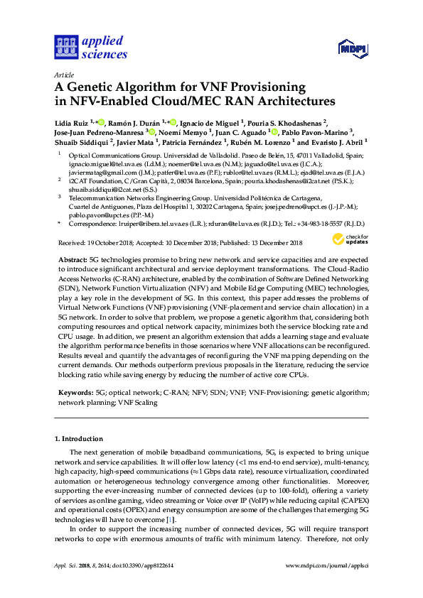 (PDF) A Genetic Algorithm for VNF Provisioning in NFV-Enabled Cloud/MEC RAN Architectures