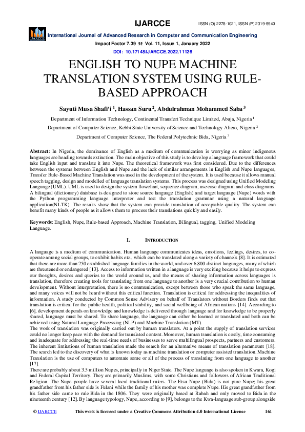 (PDF) English to Nupe Machine Translation System Using Rulebased Approach