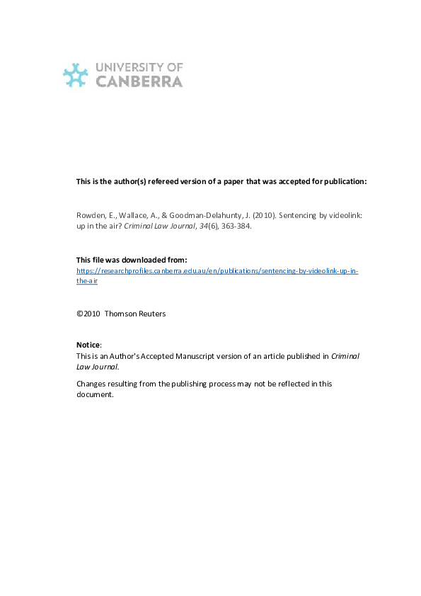 (PDF) Sentencing by videolink: Up in the air?