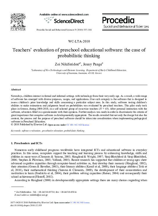 (PDF) Teachers’ evaluation of preschool educational software: the case of probabilistic thinking