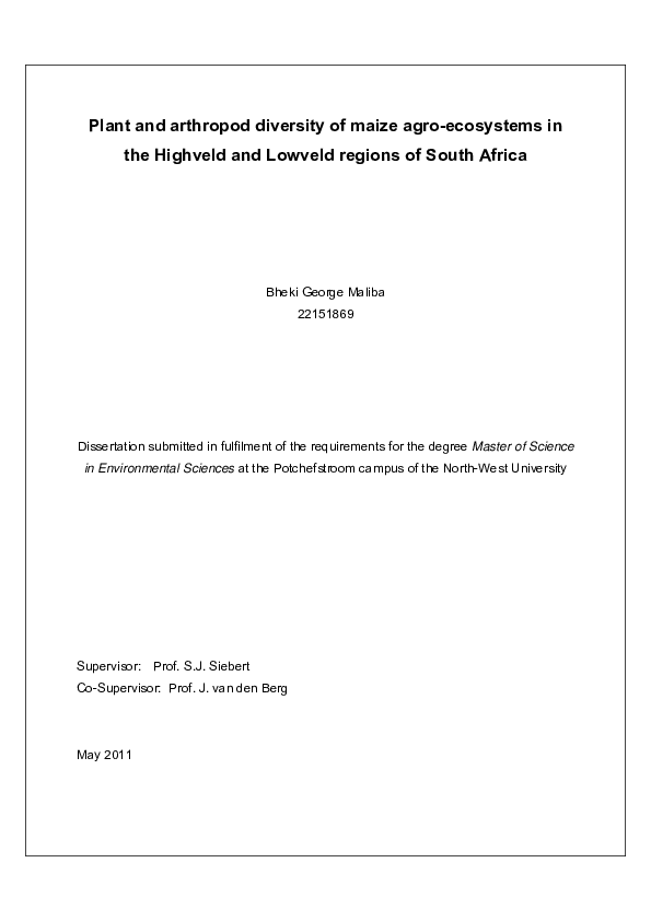 Plant and arthropod diversity of maize agro–ecosystems in the Highveld ...