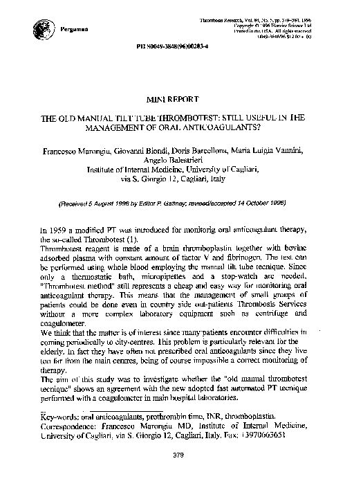 (PDF) The Old Manual Tilt Tube Thrombotest: Still Useful in the ...