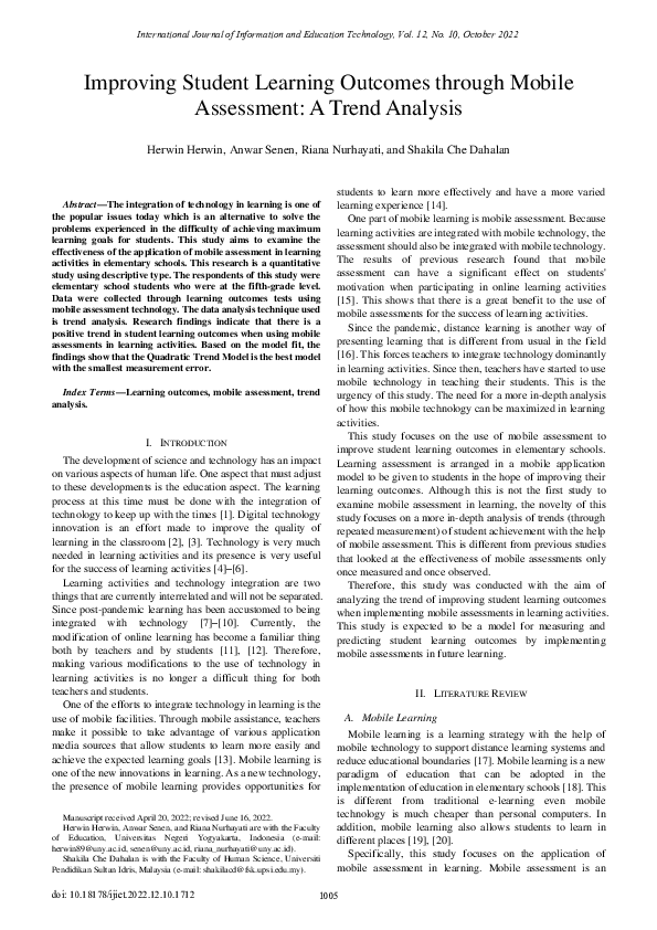 (PDF) Improving Student Learning Outcomes through Mobile Assessment: A Trend Analysis