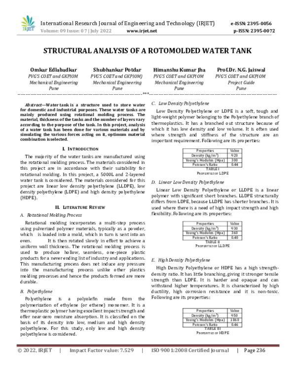 (PDF) STRUCTURAL ANALYSIS OF A ROTOMOLDED WATER TANK