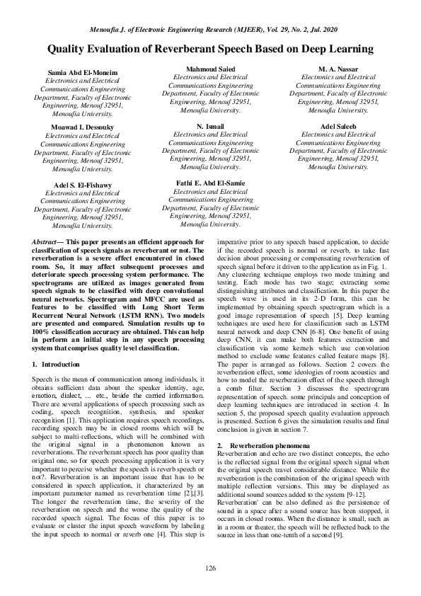 (PDF) Quality Evaluation of Reverberant Speech Based on Deep Learning