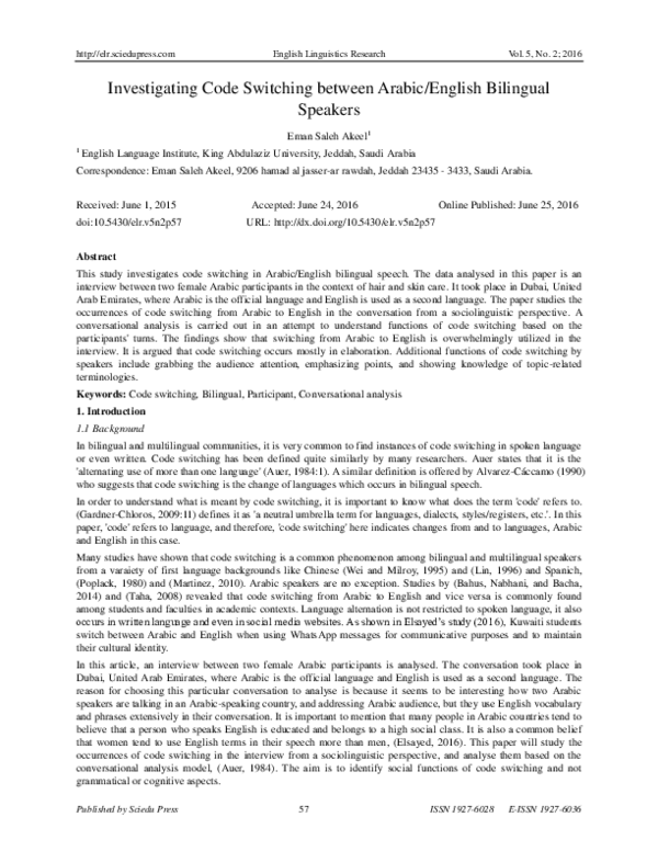 (PDF) Investigating Code Switching between Arabic/English Bilingual Speakers