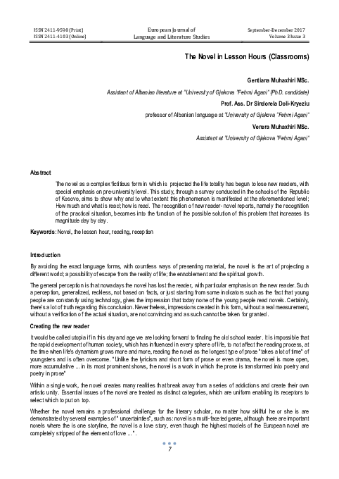 (PDF) The Novel in Lesson Hours (Classrooms)
