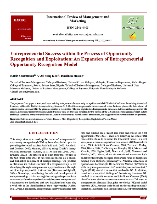 (PDF) Entrepreneurial Success within the Process of Opportunity ...