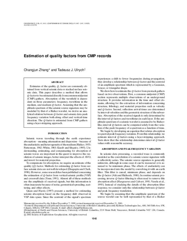 (PDF) Estimation of quality factors from CMP records