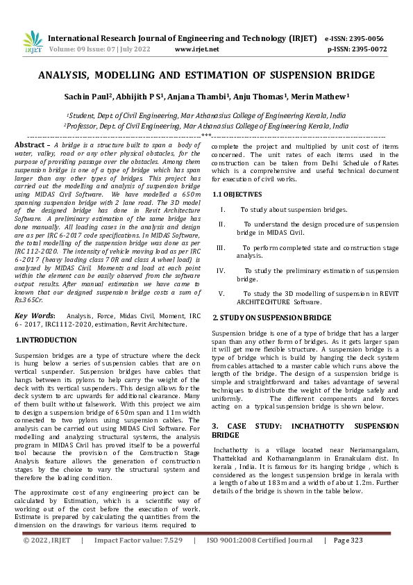 (PDF) ANALYSIS, MODELLING AND ESTIMATION OF SUSPENSION BRIDGE