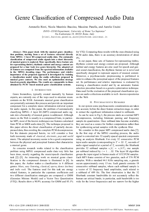 (PDF) Genre classification of compressed audio data