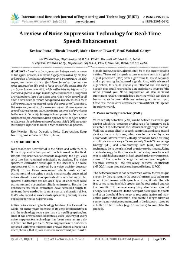 (PDF) A review of Noise Suppression Technology for Real-Time Speech Enhancement