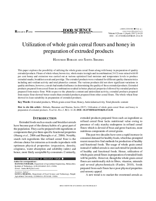 (PDF) Utilization of whole grain cereal flours and honey in preparation of extruded products