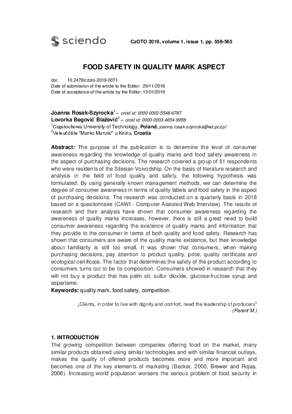 (PDF) Food Safety in Quality Mark Aspect