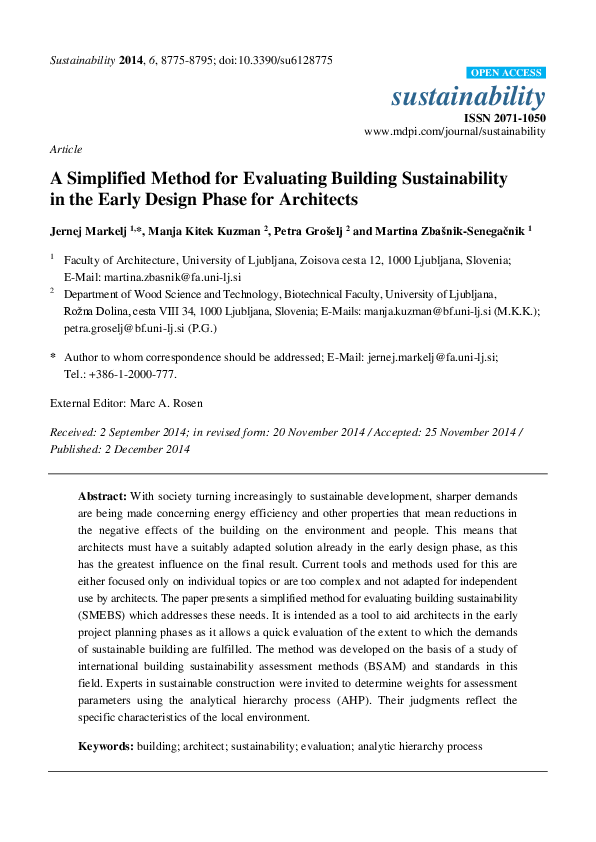 A Simplified Method for Evaluating Building Sustainability in the Early Design Phase for Architects
