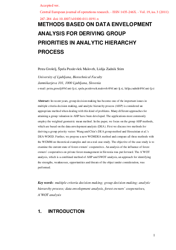 Methods based on data envelopment analysis for deriving group priorities in analytic hierarchy ...