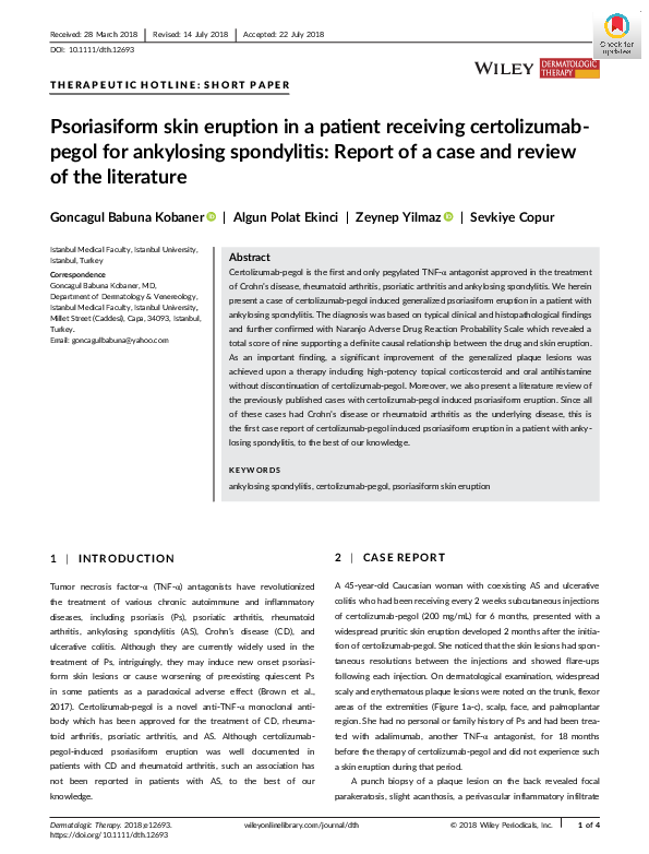 (PDF) Psoriasiform skin eruption in a patient receiving certolizumab-pegol for ankylosing ...