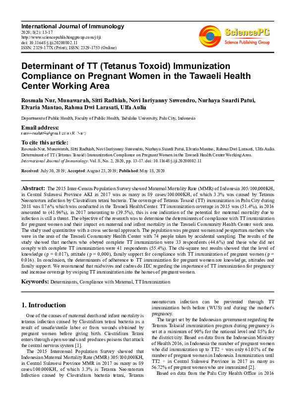 (PDF) Determinant of TT (Tetanus Toxoid) Immunization Compliance on Pregnant Women in the ...
