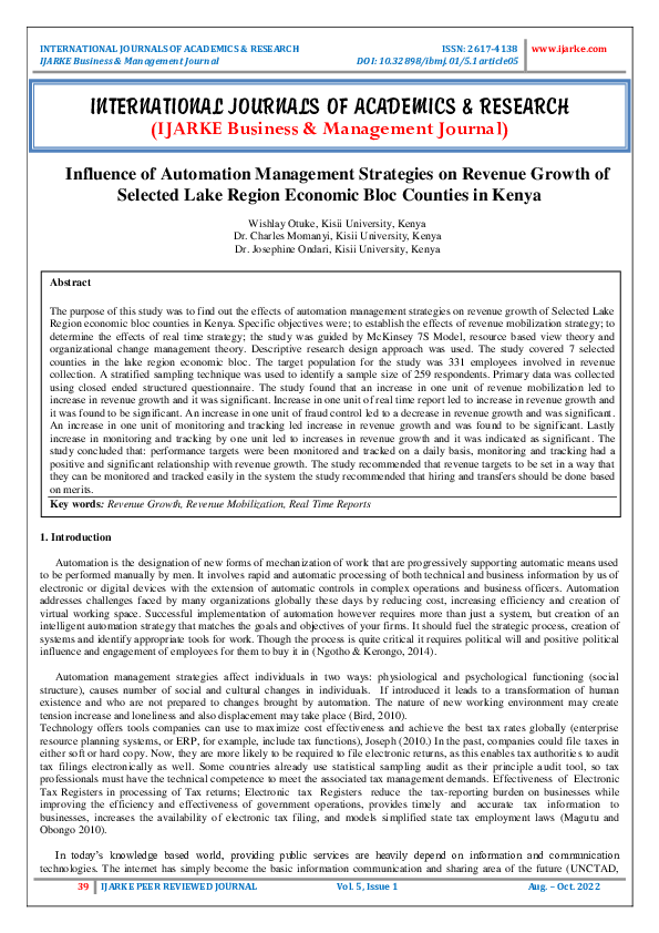 (PDF) Influence of Automation Management Strategies on Revenue Growth of Selected Lake Region ...