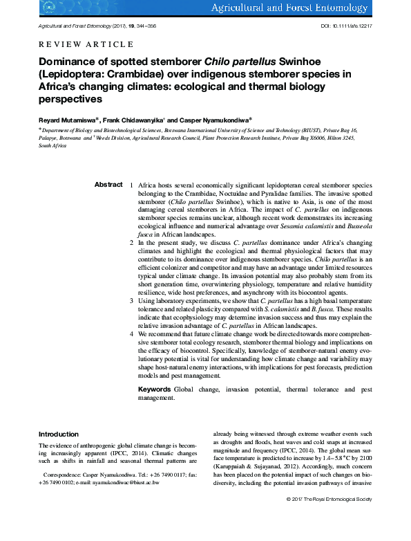 (PDF) Dominance of spotted stemborer Chilo partellus Swinhoe (Lepidoptera: Crambidae) over ...
