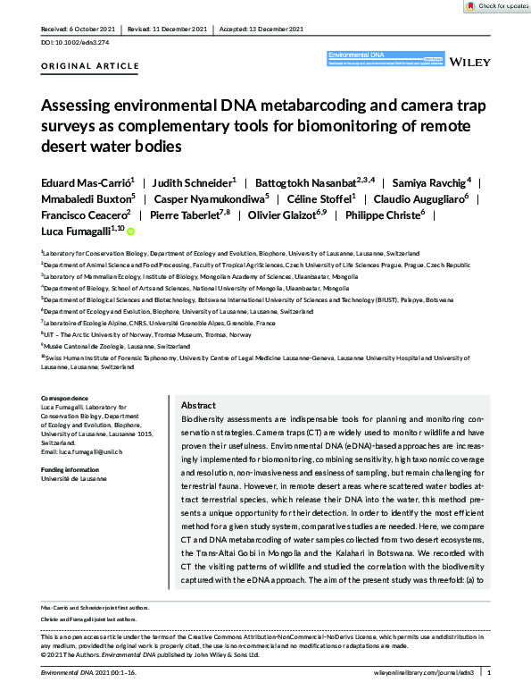 (PDF) Assessing environmental DNA metabarcoding and camera trap surveys ...