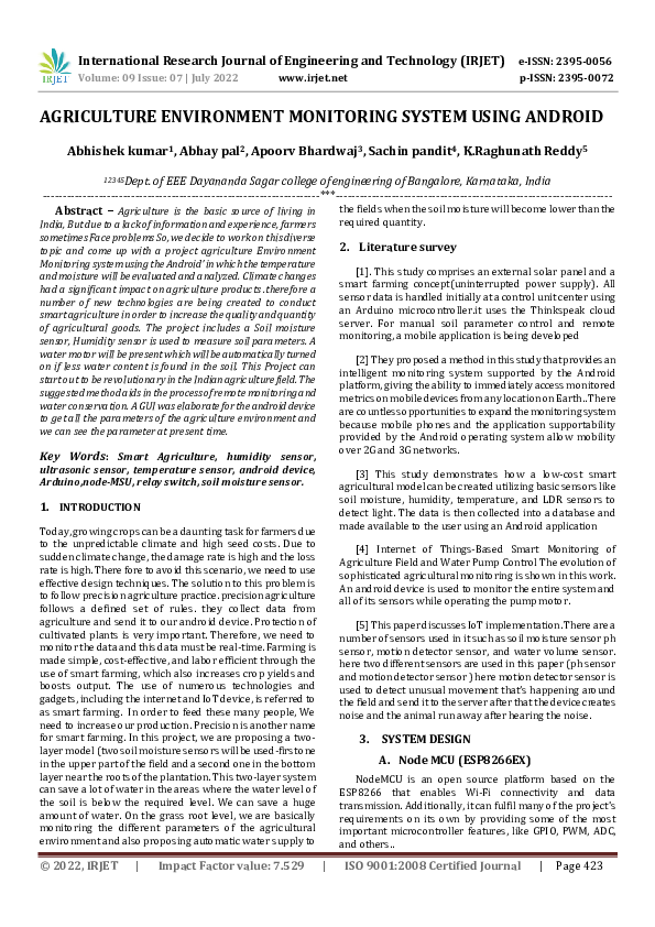 Pdf Agriculture Environment Monitoring System Using Android