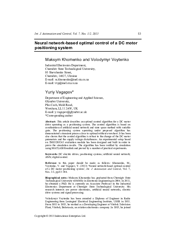 (PDF) Neural network-based optimal control of a DC motor positioning system