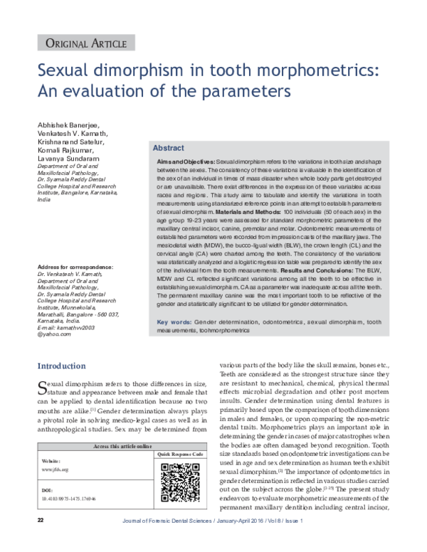 (PDF) Sexual dimorphism in tooth morphometrics: An evaluation of the ...