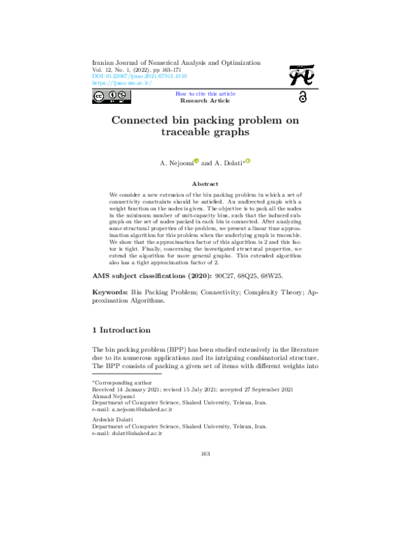 (PDF) Connected bin packing problem on traceable graphs