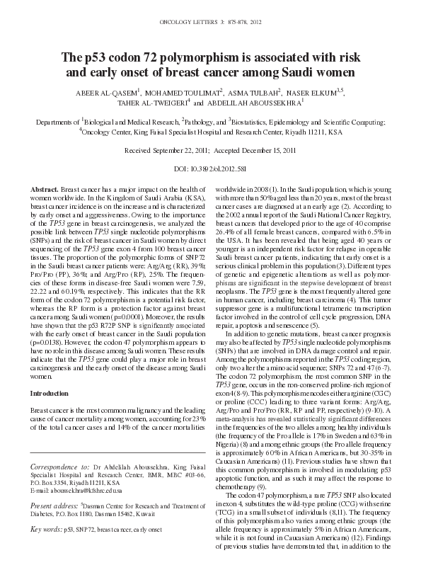 (PDF) The p53 codon 72 polymorphism is associated with risk and early onset of breast cancer ...
