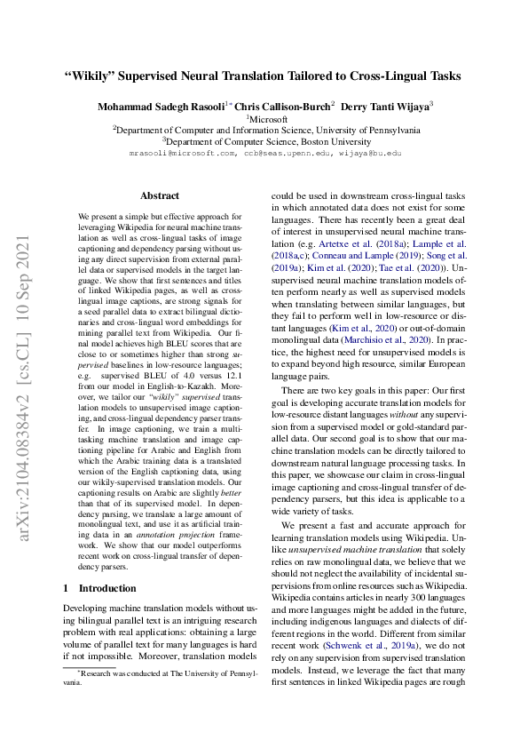 Pdf “wikily” Supervised Neural Translation Tailored To Cross Lingual Tasks Derry Wijaya