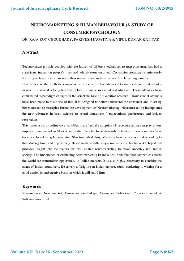 (PDF) NEUROMARKETING & HUMAN BEHAVIOUR (A STUDY OF CONSUMER PSYCHOLOGY