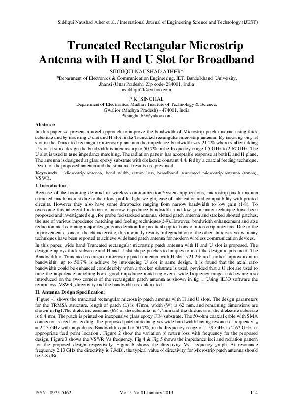 (PDF) Truncated Rectangular Microstrip Antenna with H and U Slot for Broadband