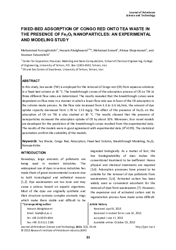 (PDF) FIXED-BED ADSORPTION OF CONGO RED ONTO TEA WASTE IN THE PRESENCE OF Fe2O3 NANOPARTICLES ...