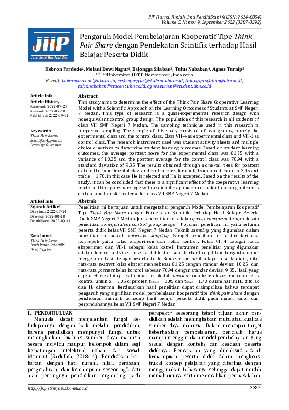 (PDF) Pengaruh Model Pembelajaran Kooperatif TipeThink Pair Share Bermuatan Literasi Sains ...