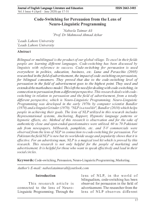 (PDF) Code-Switching for Persuasion from the Lens of Neuro-Linguistic ...