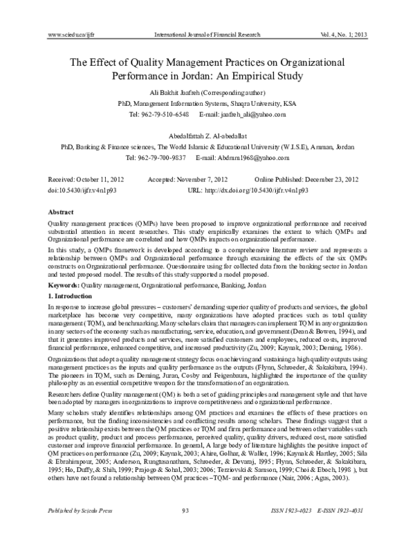 (PDF) The Effect of Quality Management Practices on Organizational Performance in Jordan: An ...