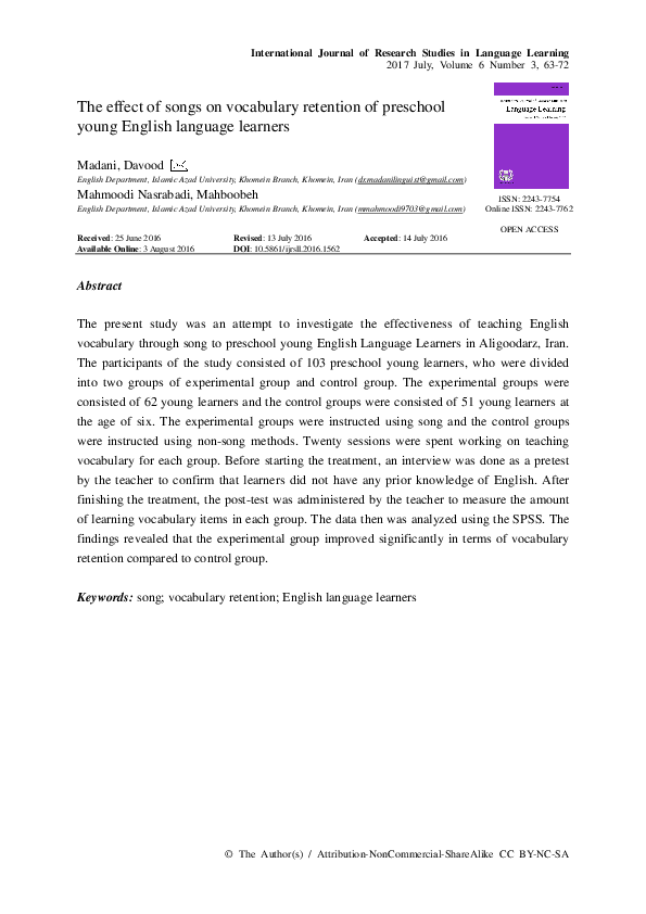 (PDF) The effect of songs on vocabulary retention of preschool young ...