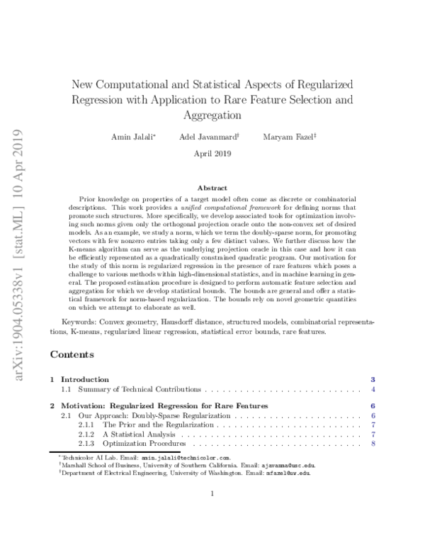 (PDF) New Computational and Statistical Aspects of Regularized Regression with Application to ...