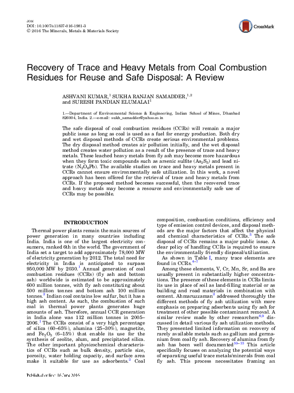 (PDF) Recovery of Trace and Heavy Metals from Coal Combustion Residues for Reuse and Safe ...