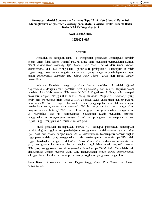 (PDF) Penerapan Model Cooperative Learning Tipe Think Pair Share (TPS) untuk Meningkatkan High ...