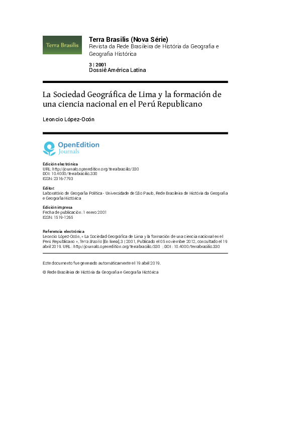 (PDF) La Sociedad Geográfica de Lima y la formación de una ciencia ...