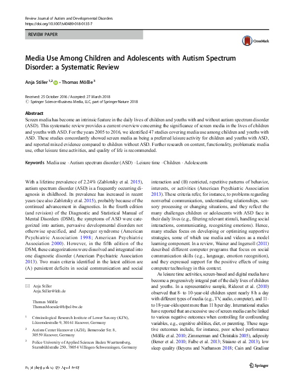 (PDF) Media Use Among Children and Adolescents with Autism Spectrum ...