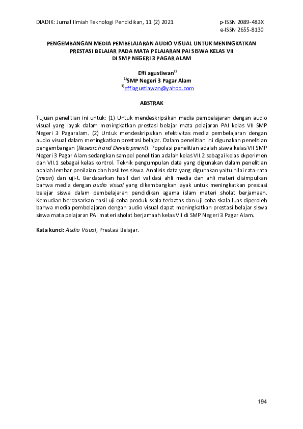 (PDF) Pengembangan Media Pembelajaran Audio Visual Untuk Meningkatkan Prestasi Belajar Pada Mata ...