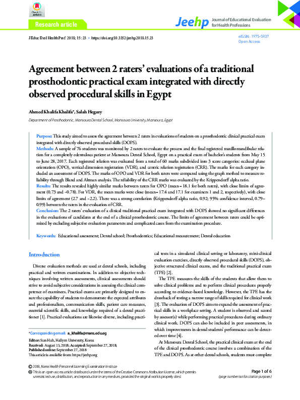 (PDF) Agreement between 2 raters’ evaluations of a traditional ...