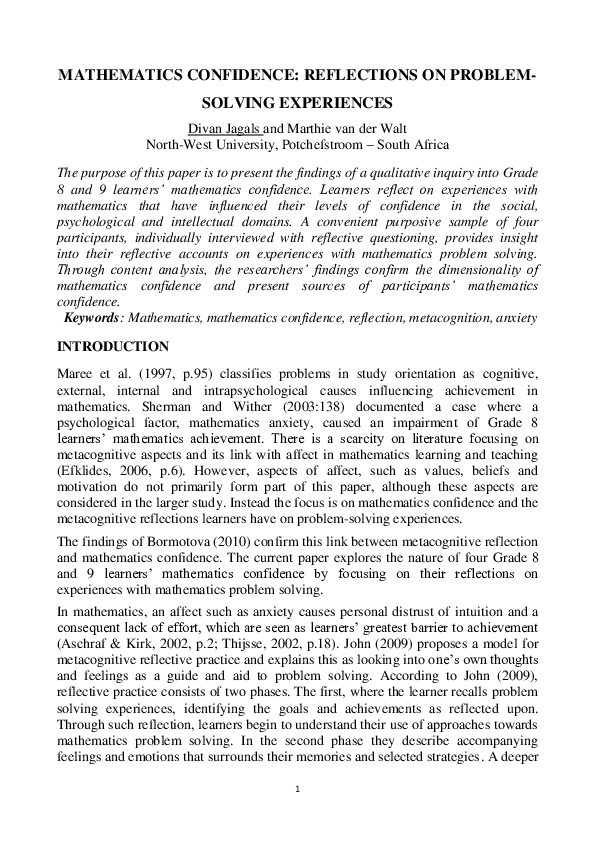 (PDF) Mathematics Confidence : Reflections on Problem-Solving Experiences