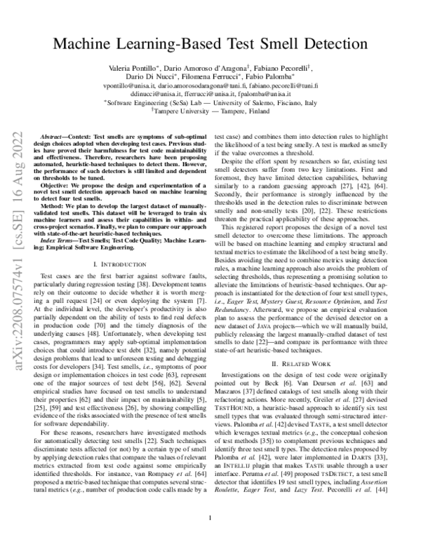Pdf Machine Learning Based Test Smell Detection
