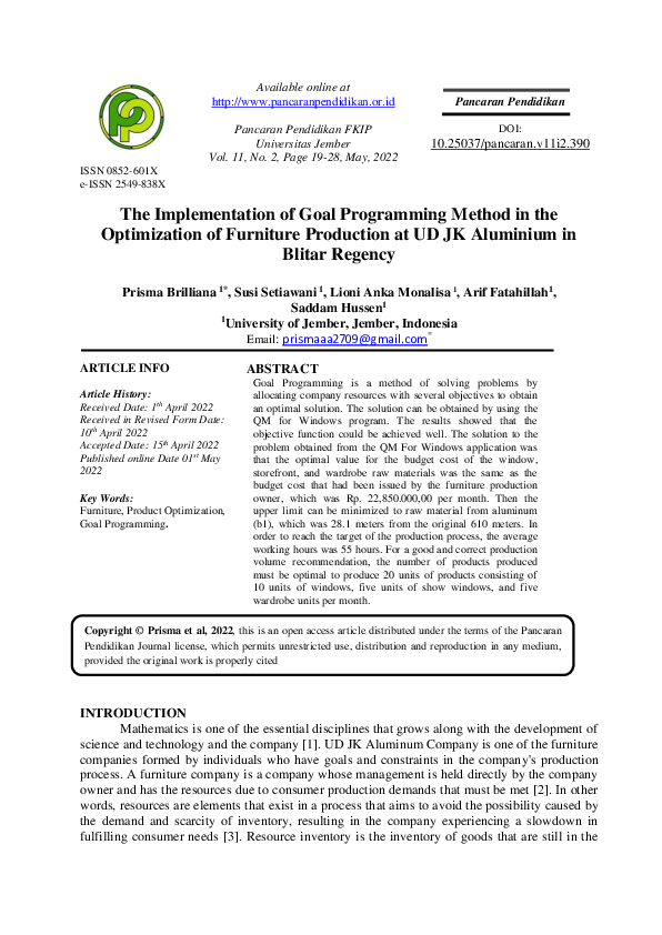 (PDF) The Implementation of Goal Programming Method in the Optimization of Furniture Production ...